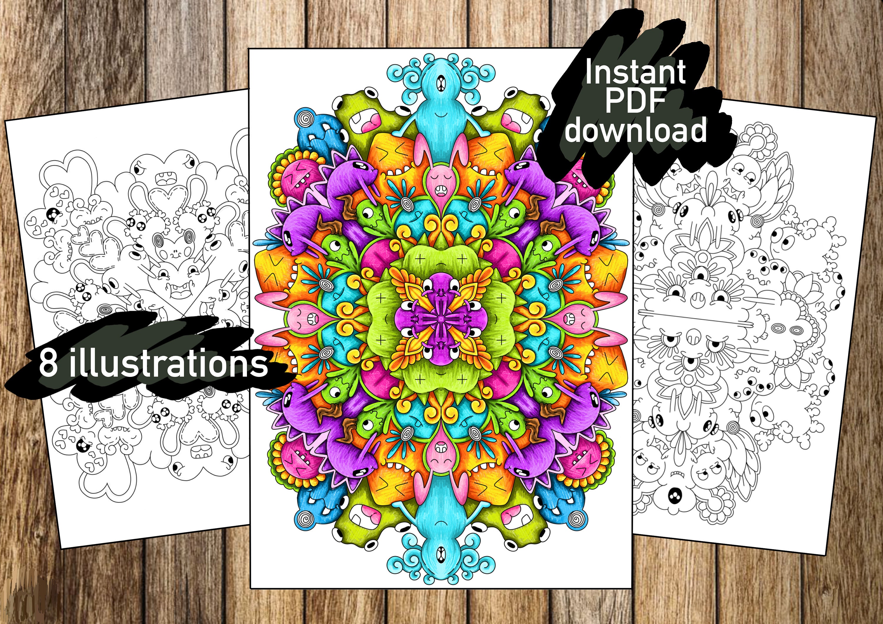 Monster Mandala Colouring Page Bundle - Etsy