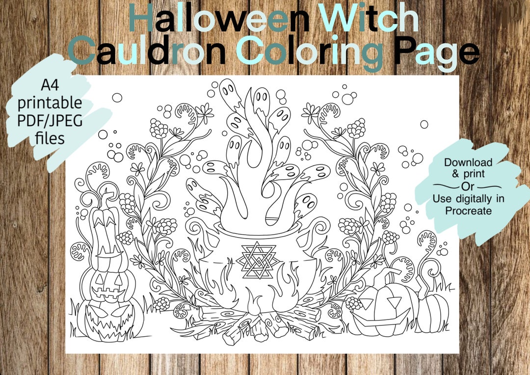 Halloween Witch Cauldron Coloring Page - Etsy