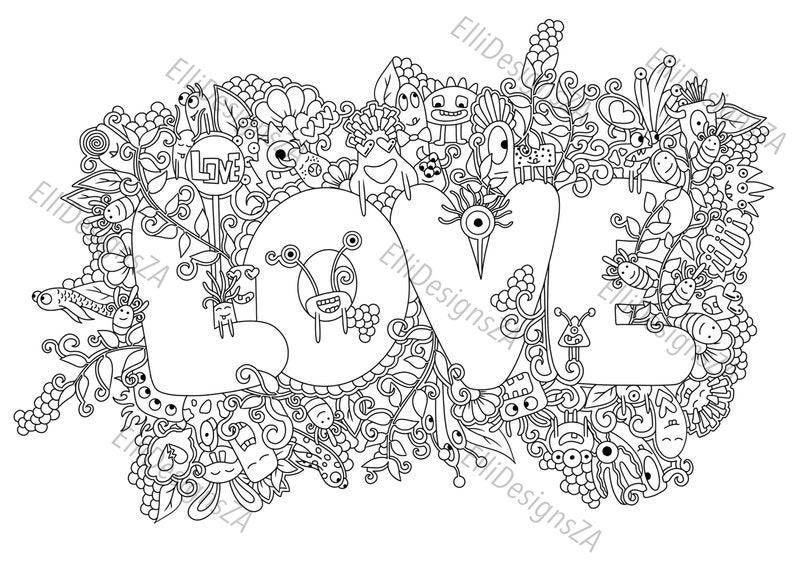Doodle Monster Love Coloring Page - Etsy