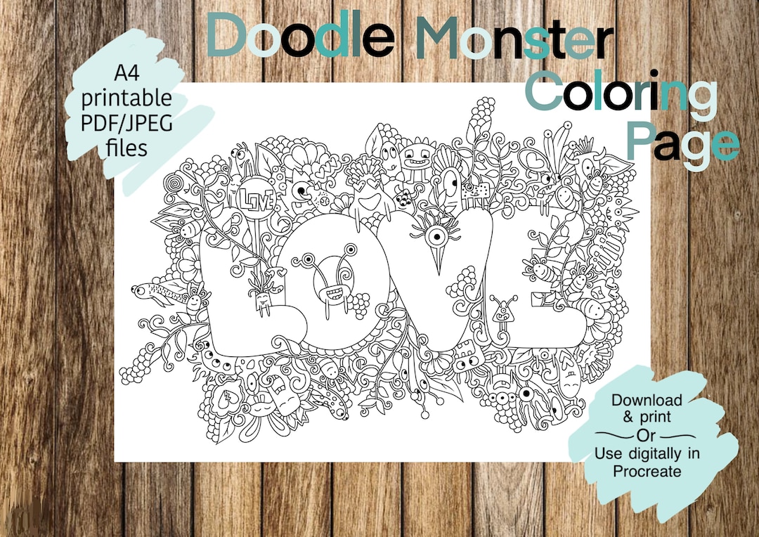 Doodle Monster Love Coloring Page - Etsy