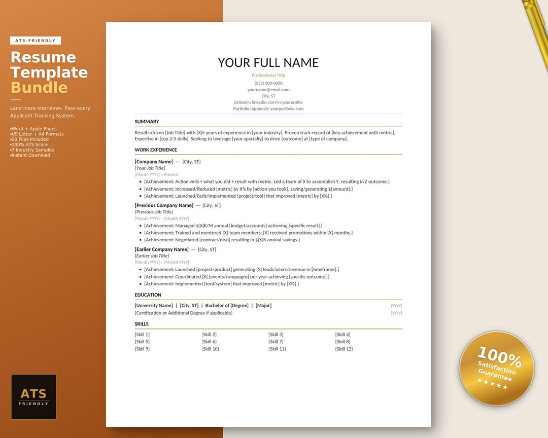 ATS Resume Template Bundle, Cover Letter, References (word, Pages ...