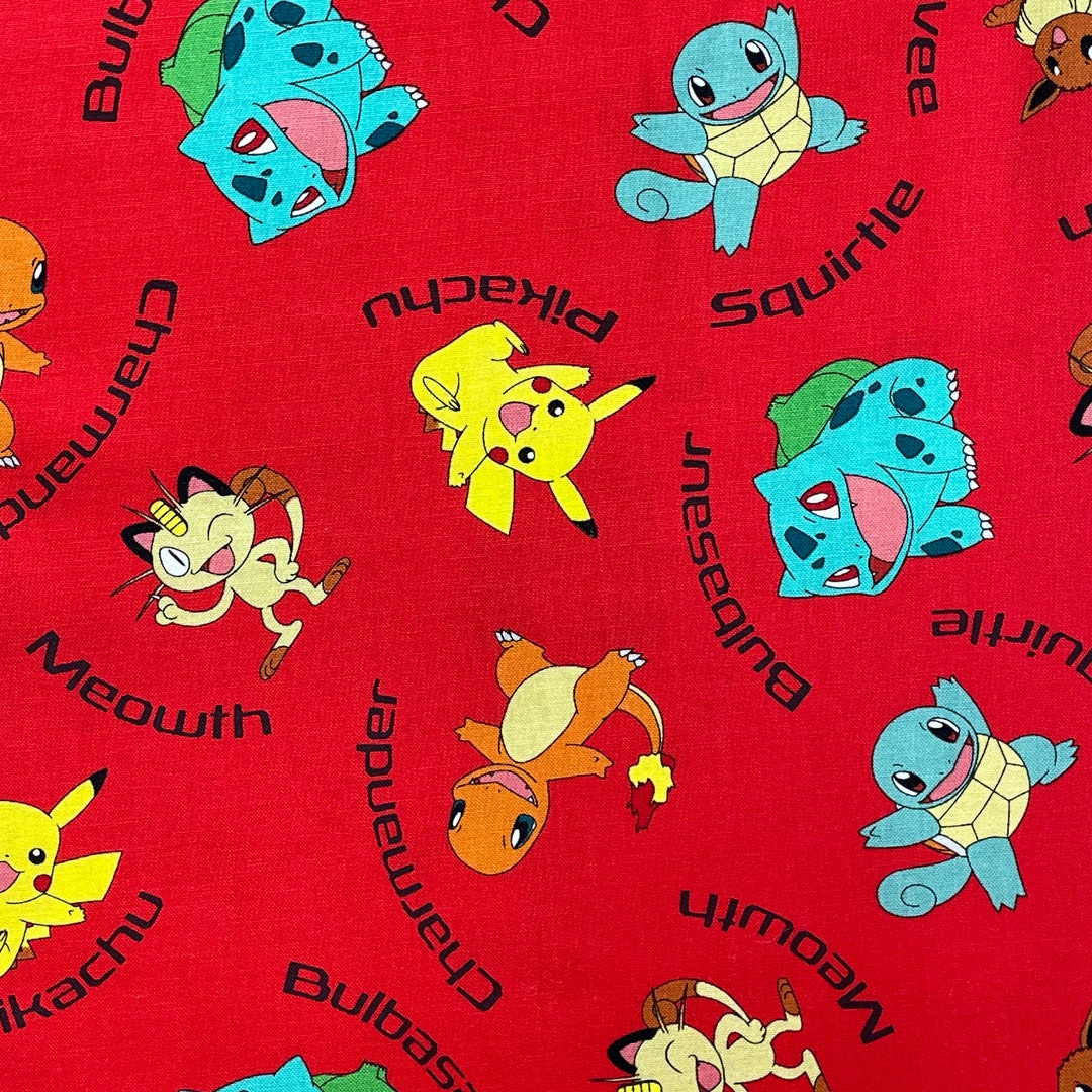 Pokemon Characters With Names on Red Cotton Fabric by the Yard and Half ...