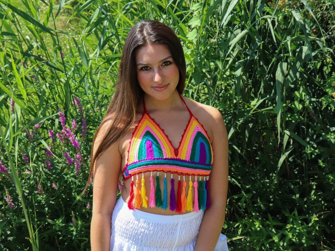 Handmade Crochet Rainbow Bralette Top - Rainbow Crop Top - Crochet ...