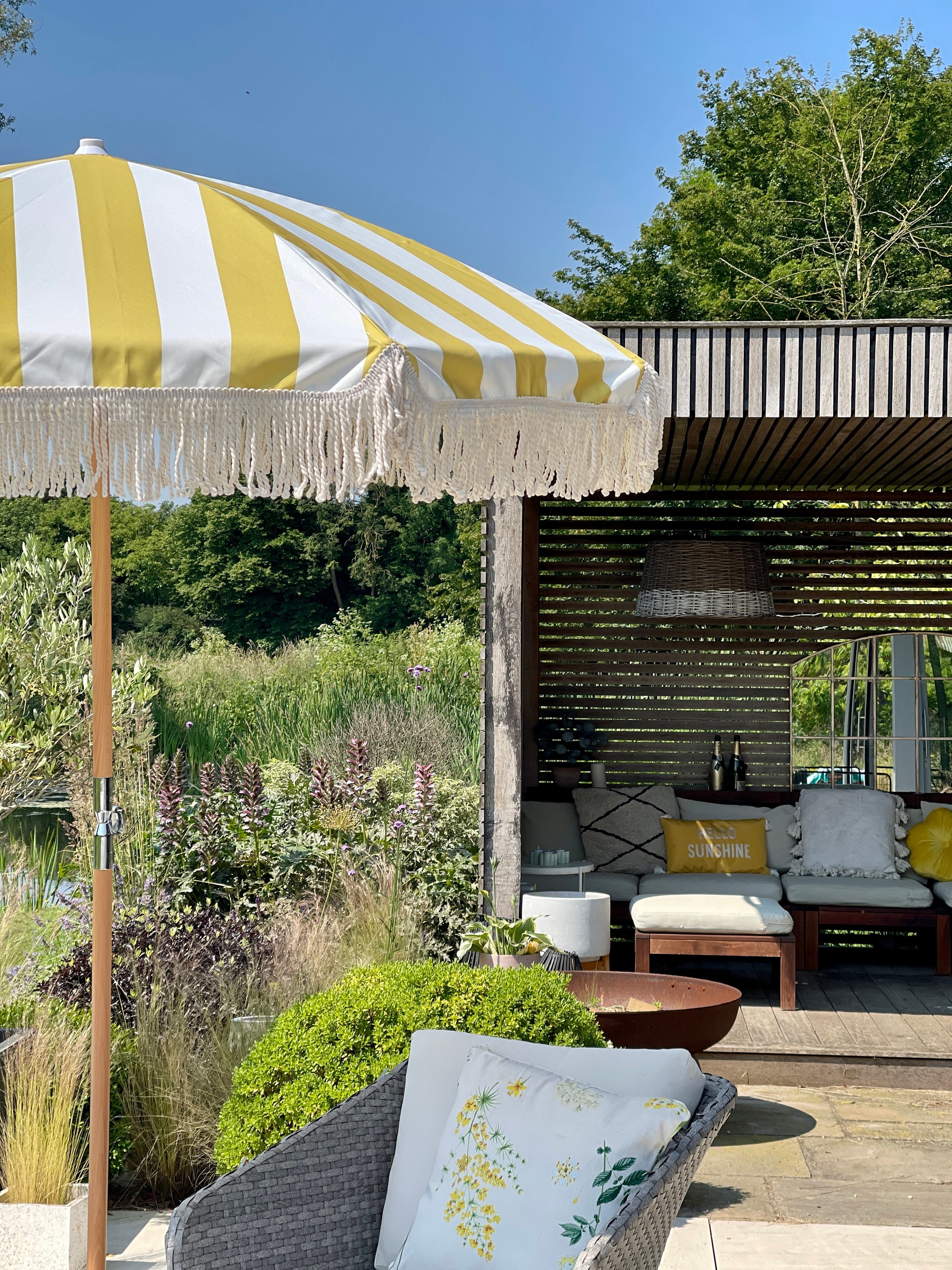 Boho Parasol - H226cm Deep Yellow Tassel Parasol, Perfect for Garden ...