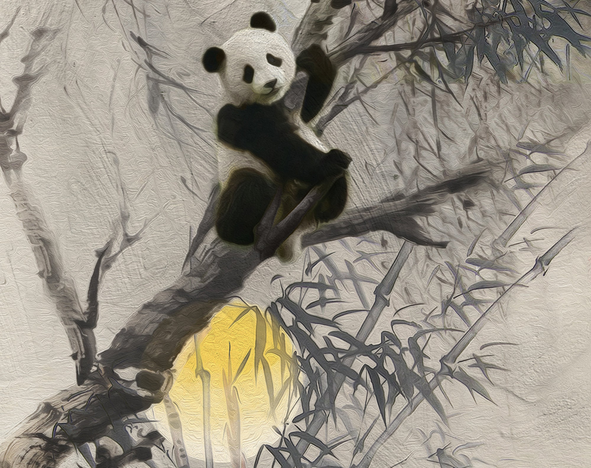 Art Print on Finest Watercolour Paper. Panda Climbing a Tree in a ...