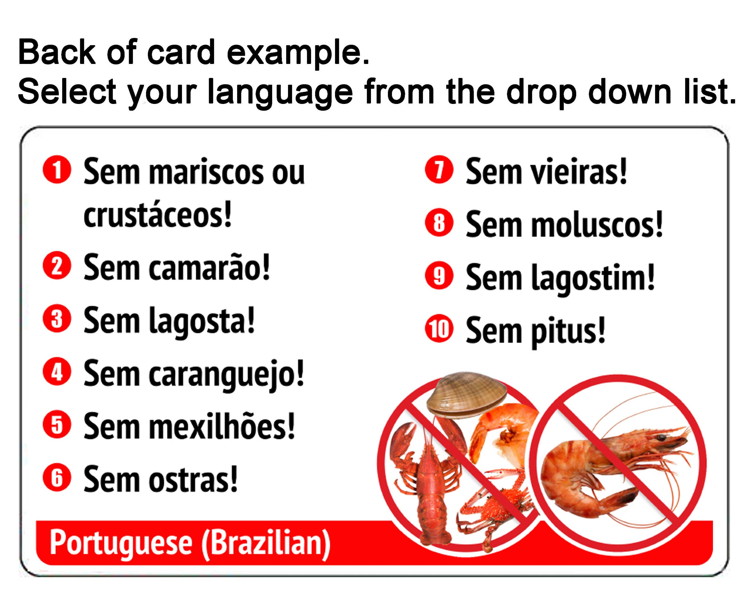 2 Pack List of Shellfish Food Allergy Card Translated Into 70 Languages ...