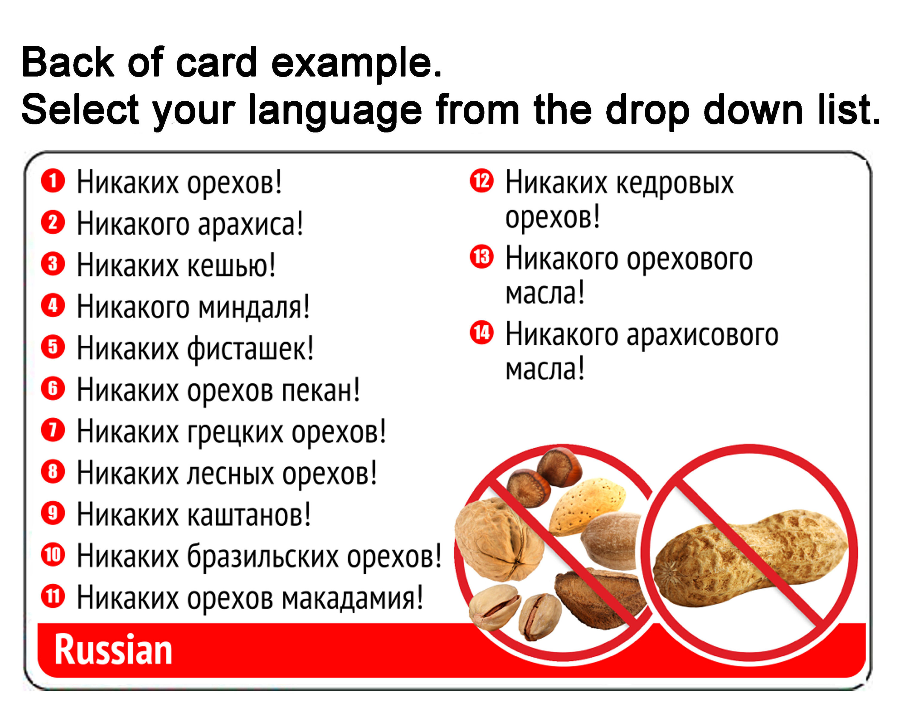 List of Nuts and Peanuts Food Allergy Card (2 Pack) Translated Into 70 ...