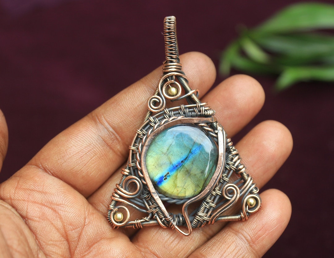 Handmade Copper Wire Wrap Labradorite Pendant: Oxidized Triangle ...