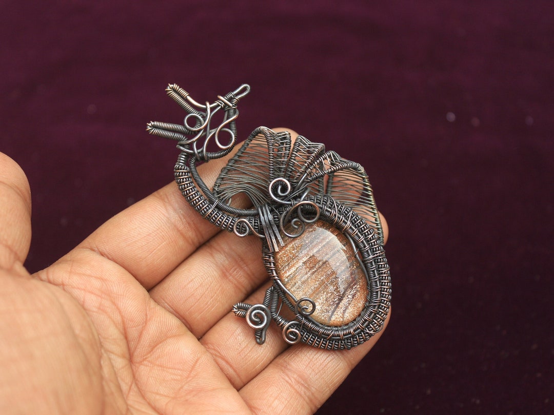 Cute Dragon Design Copper Wire Wrap Pendant Jewelry/ Glass Sunstone ...