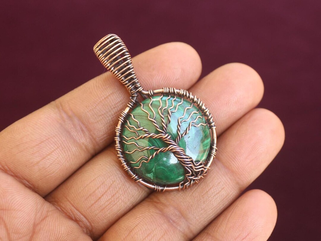 Natural Malachite Gemston Tree of Life Pendant: Oxidized Handmade ...