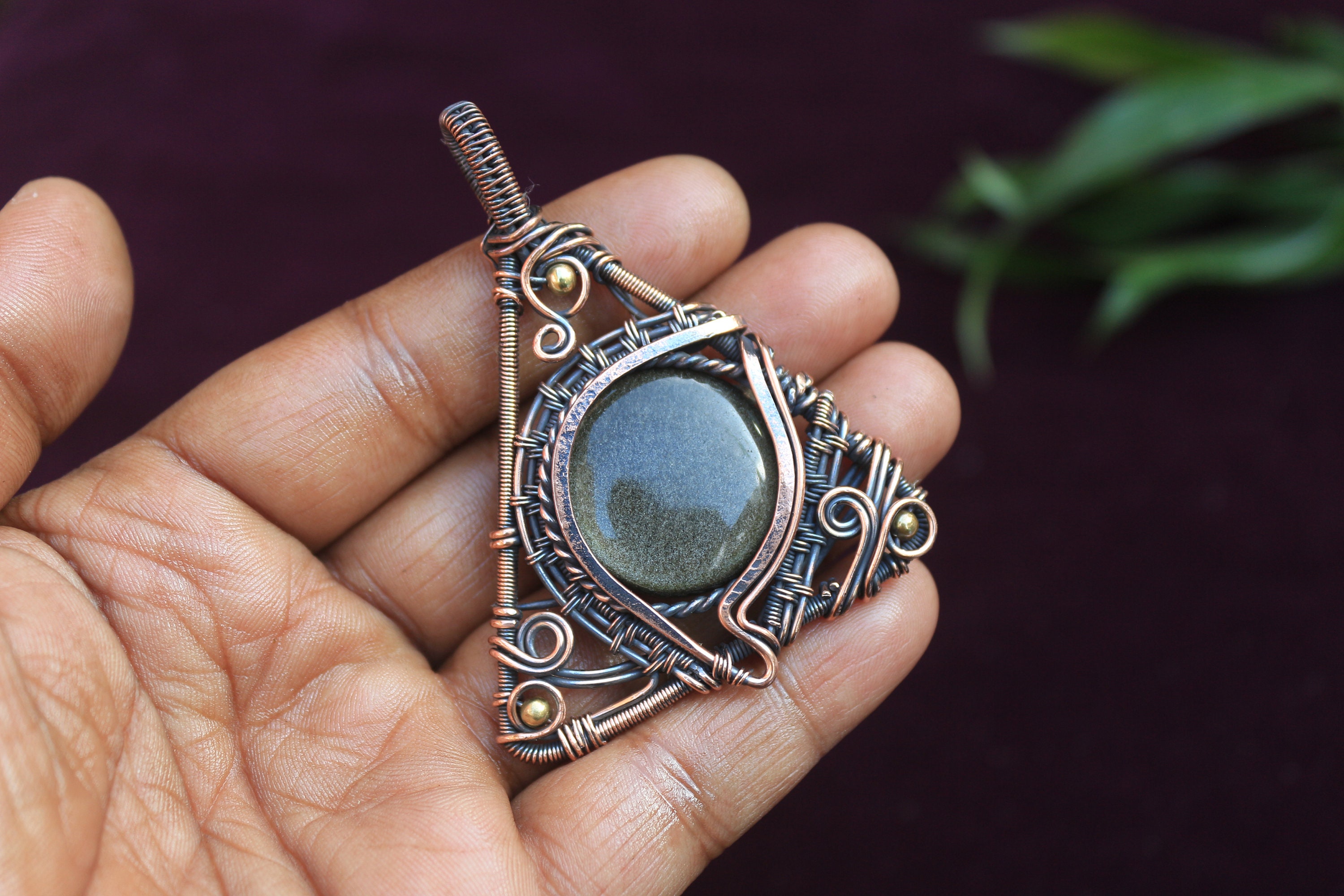 Golden Sheen Obsidian Pendant: Triangle Copper Wire Wrapped Jewelry - Etsy