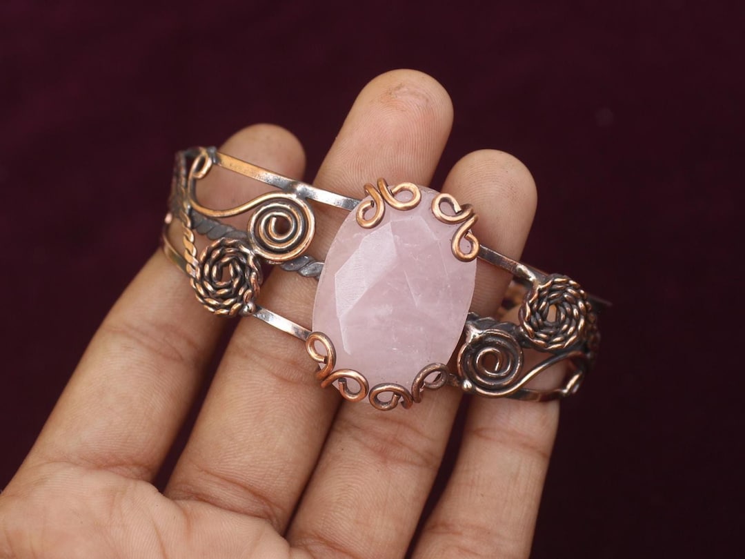 Faceted Rose Quartz Copper Bangle: Adjustable Cuff Bracelet - Etsy