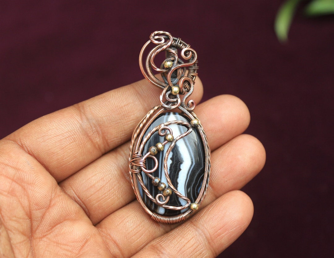 Crescent Moon Designer Banded Agate Gemstone Copper Wire Wrap Pendant ...