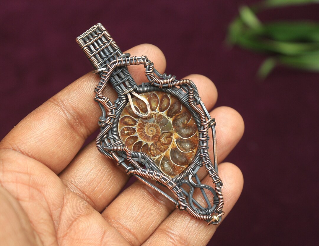 Ammonite Copper Wire Wrap Pendant, Boho Anniversary Gift - Etsy