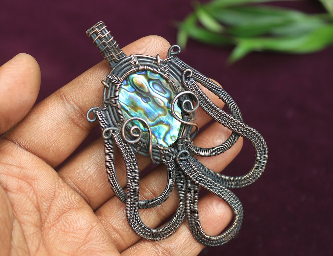 Octopus Copper Pendant/ Abalone Gemstone Copper Wire Wrap Pendant ...