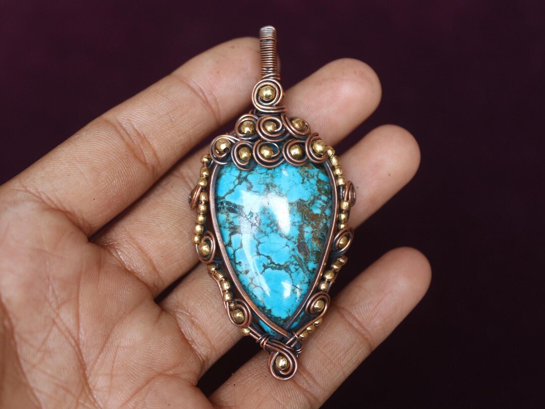 Turquoise Copper Wire Wrapped Pendant: Oxidized Gemstone Necklace - Etsy