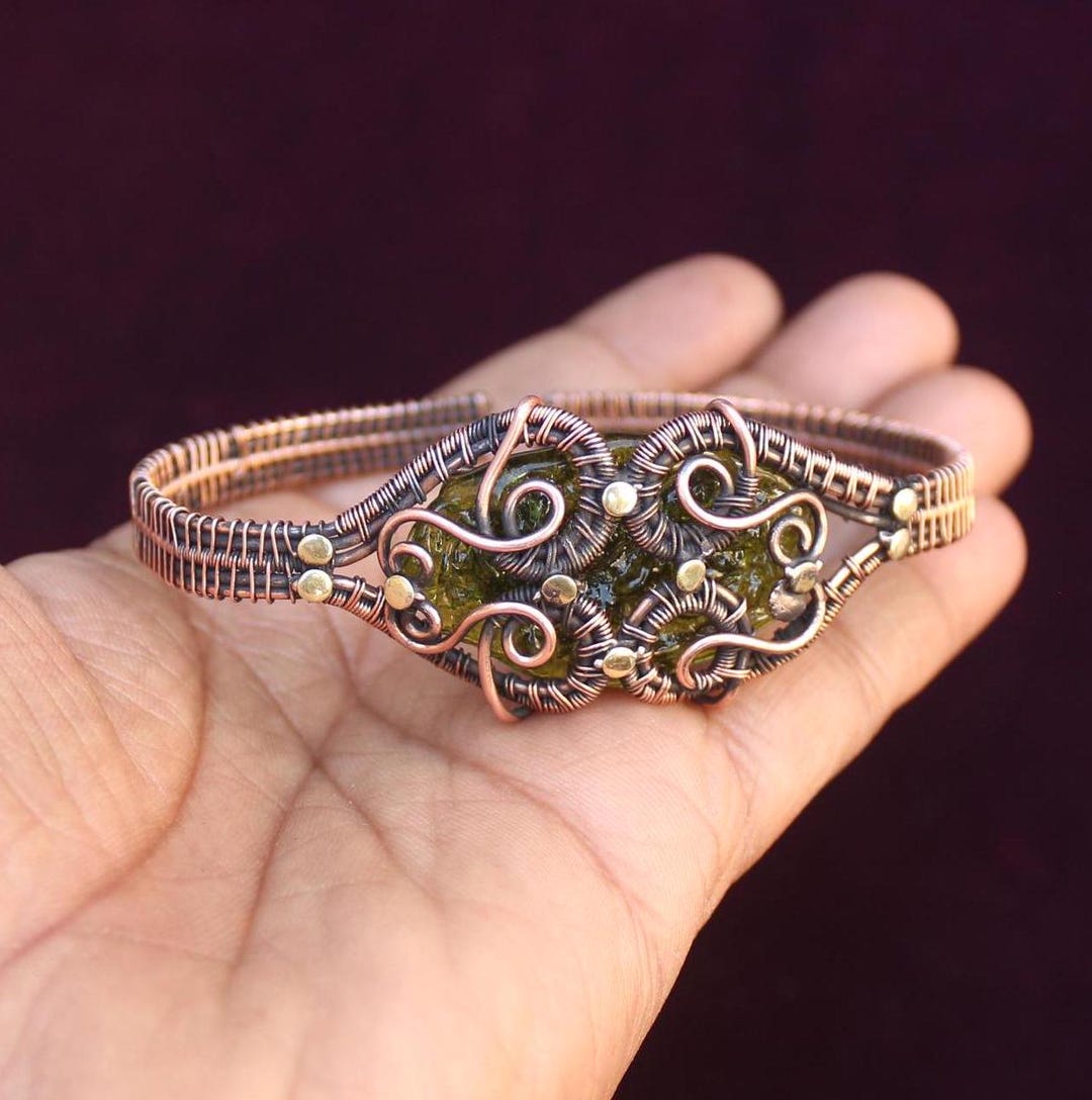 Moldavite Copper Wire Bangle: Adjustable Cuff Bracelet - Etsy
