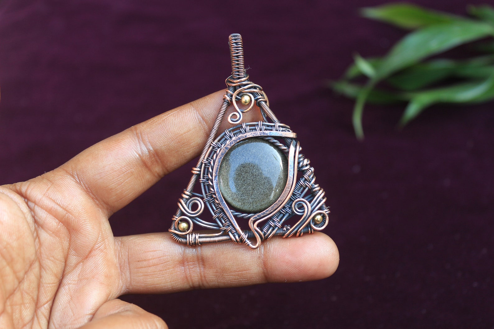 Golden Sheen Obsidian Pendant: Triangle Copper Wire Wrapped Jewelry - Etsy
