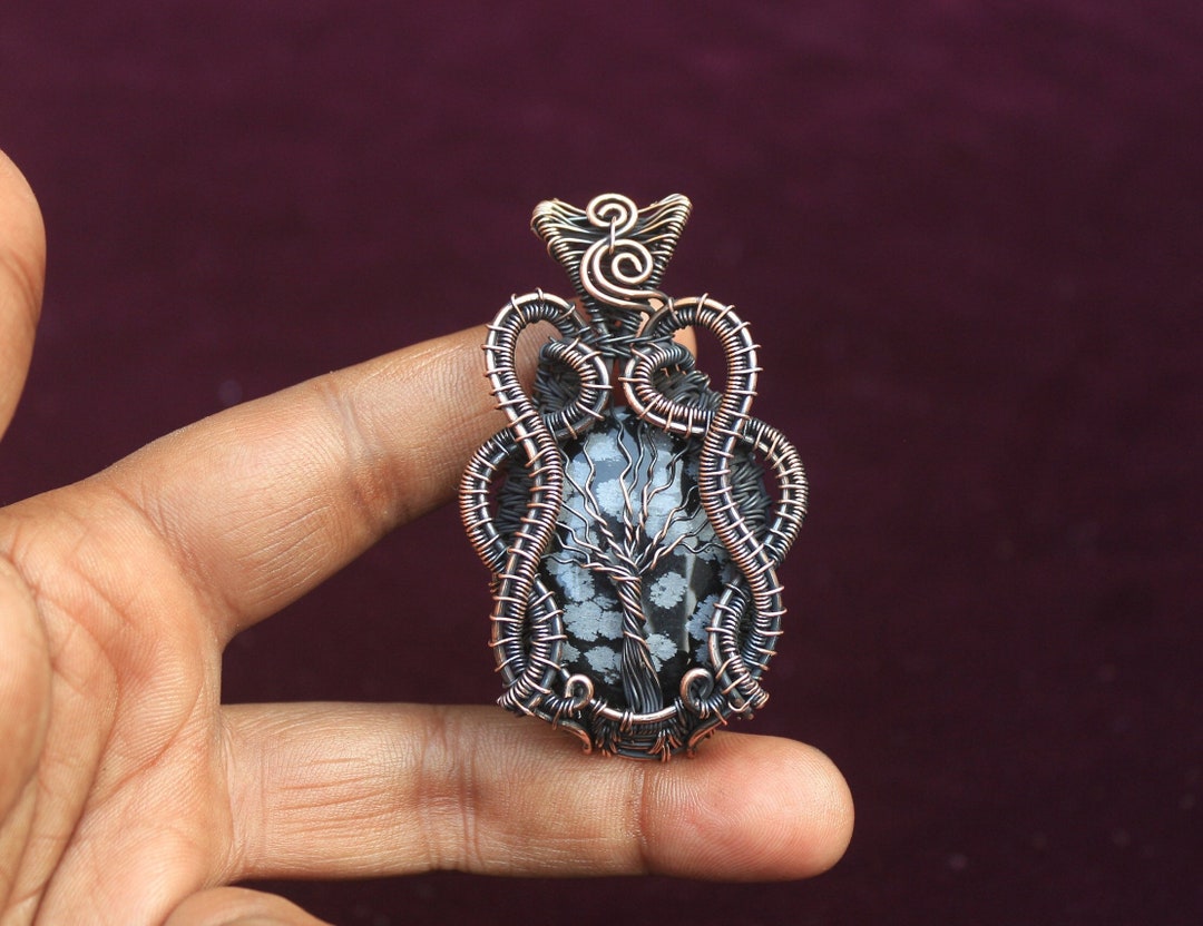 Tree of Life Snowflake Obsidian Gemstone Copper Wire Wrap Pendant ...