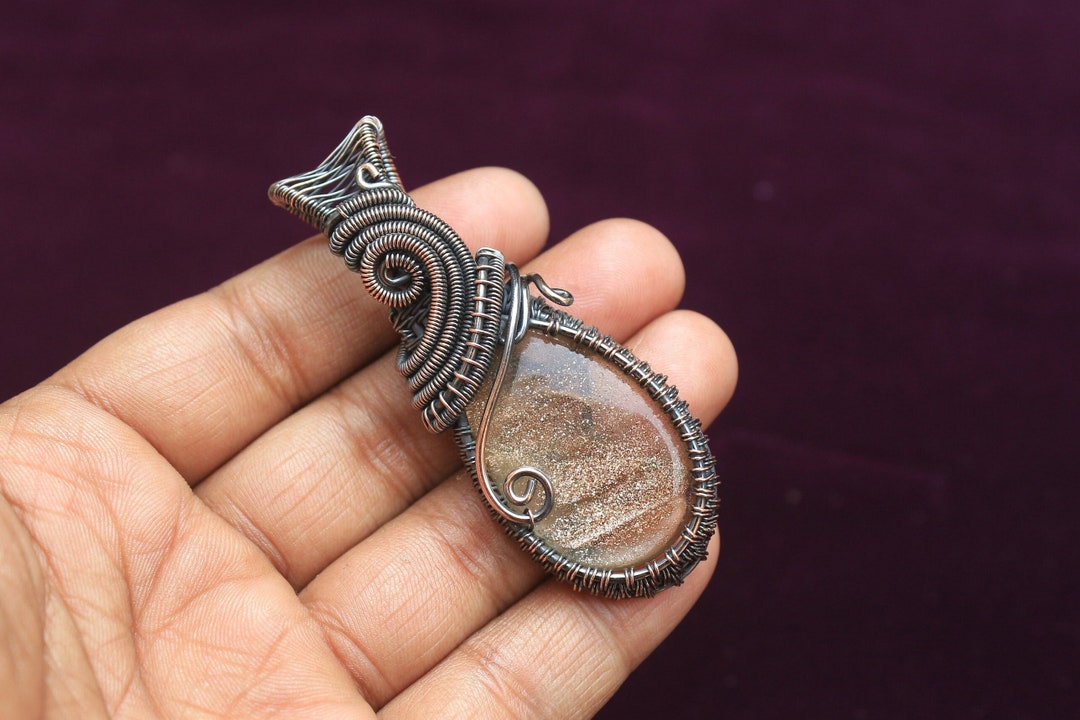 Spectacular Handwork Copper Wire Wrap Pendant Jewelry/ Sunstone Glass ...
