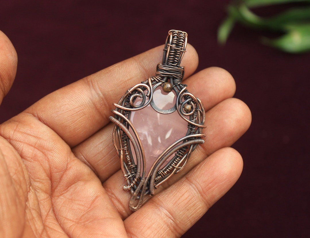 Handmade Rose Quartz Pendant: Oxidized Copper Wire Wrapped Jewelry - Etsy