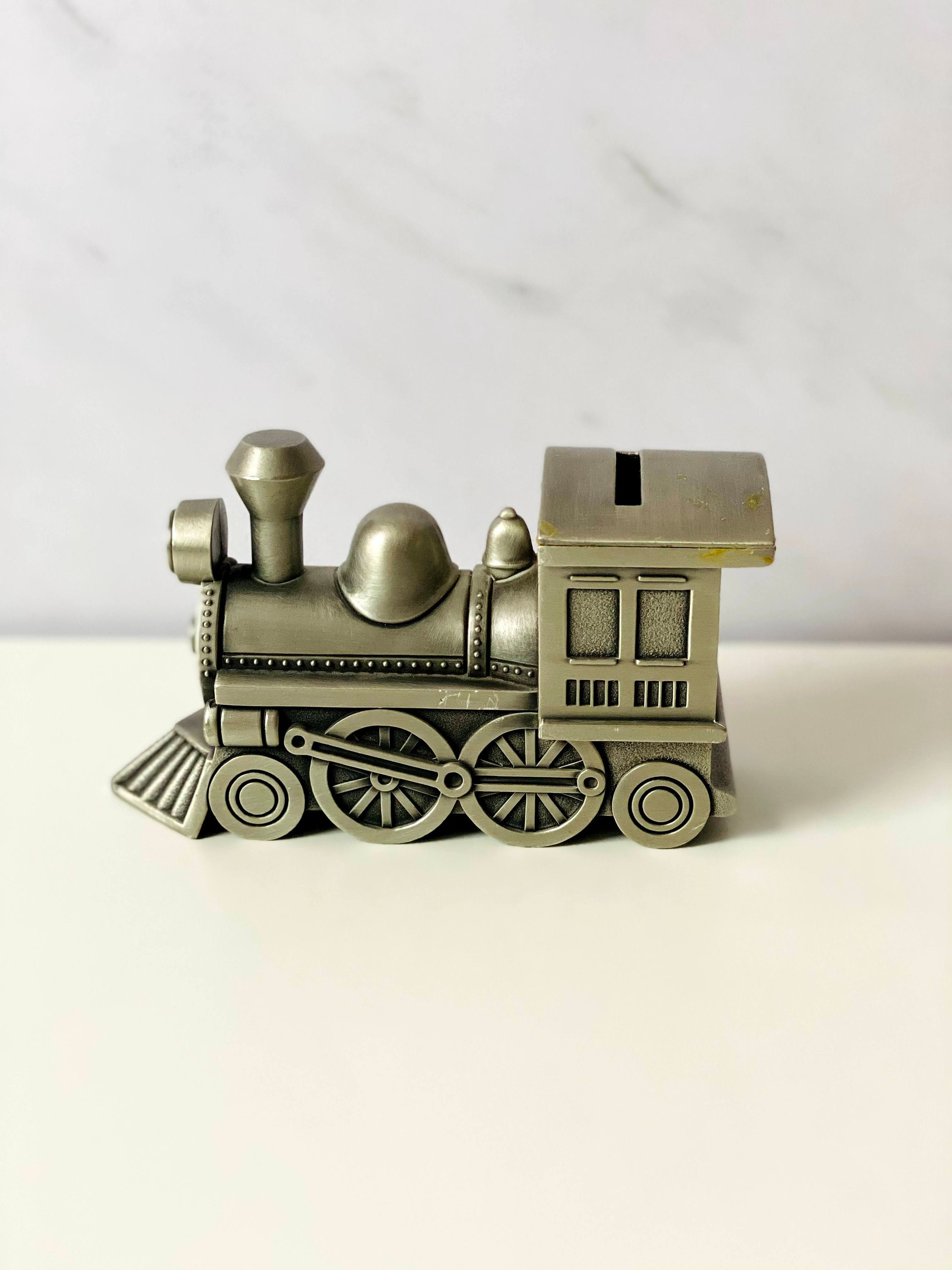 Vintage Train Coin Bank, Locomotive Piggy Bank, Pewter Money Box, Baby ...