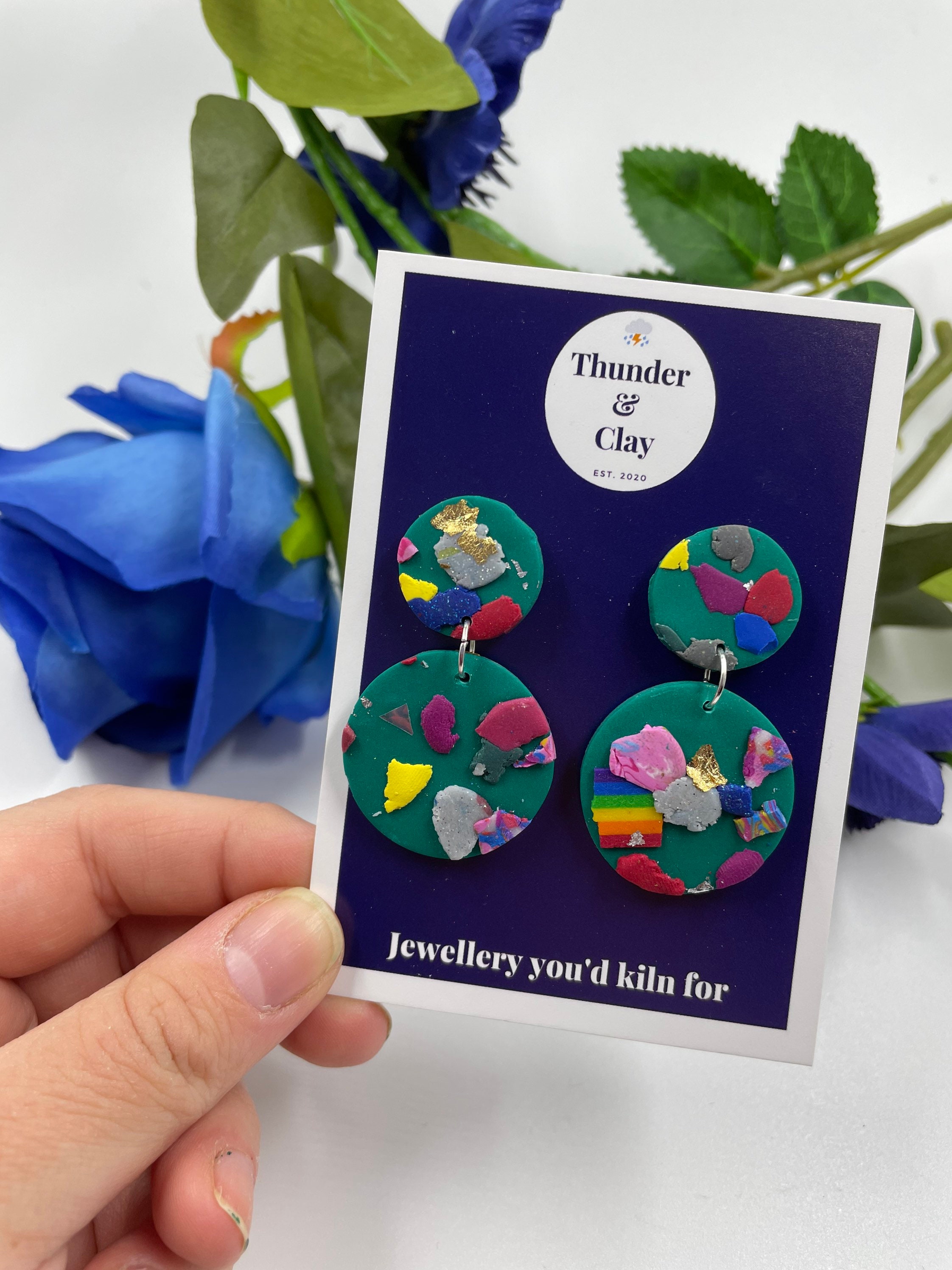 Teal Abstract Stud Dangles Polymer Clay Earrings Statement Earrings Multicoloured Rainbow ...