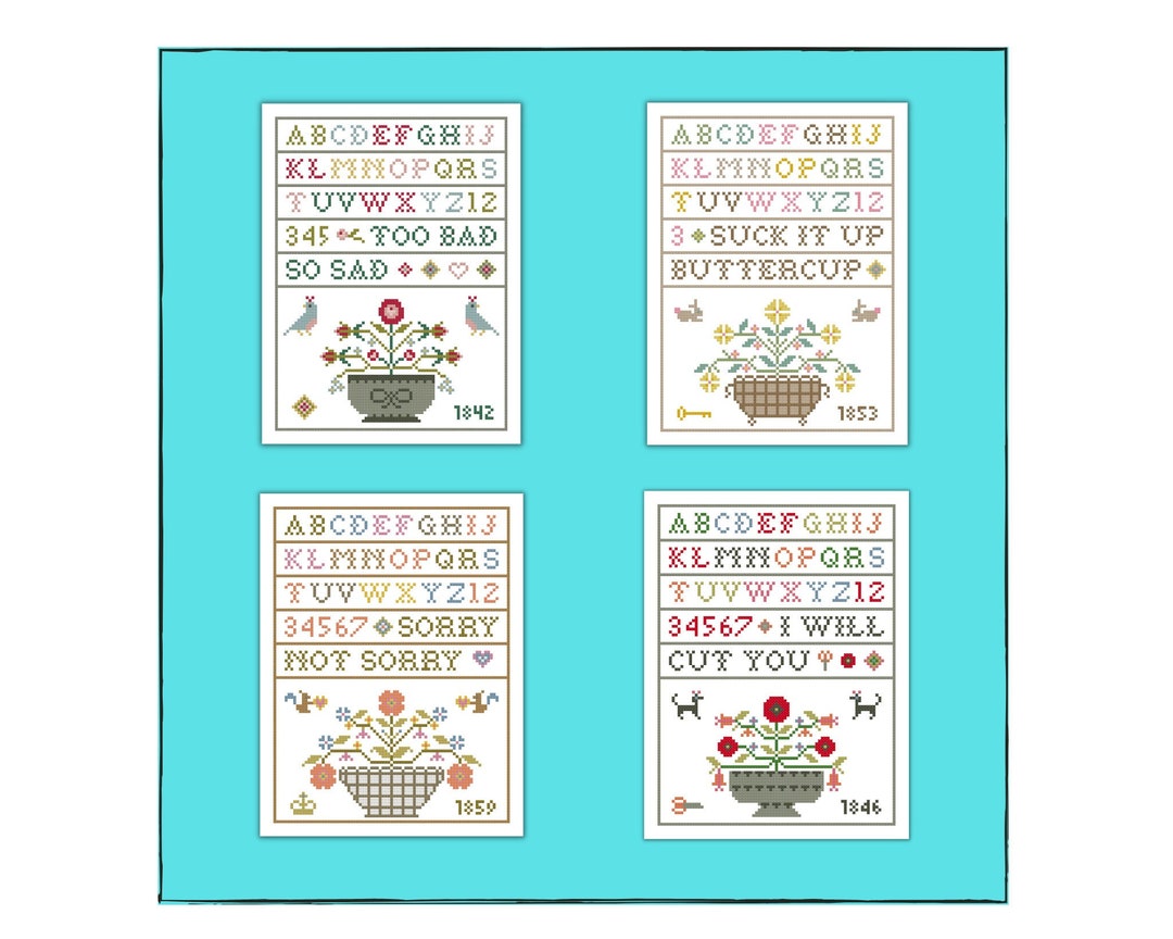 4 Snarky Samplers, Set of Cross Stitch Patterns, PDF Files, Funny ...