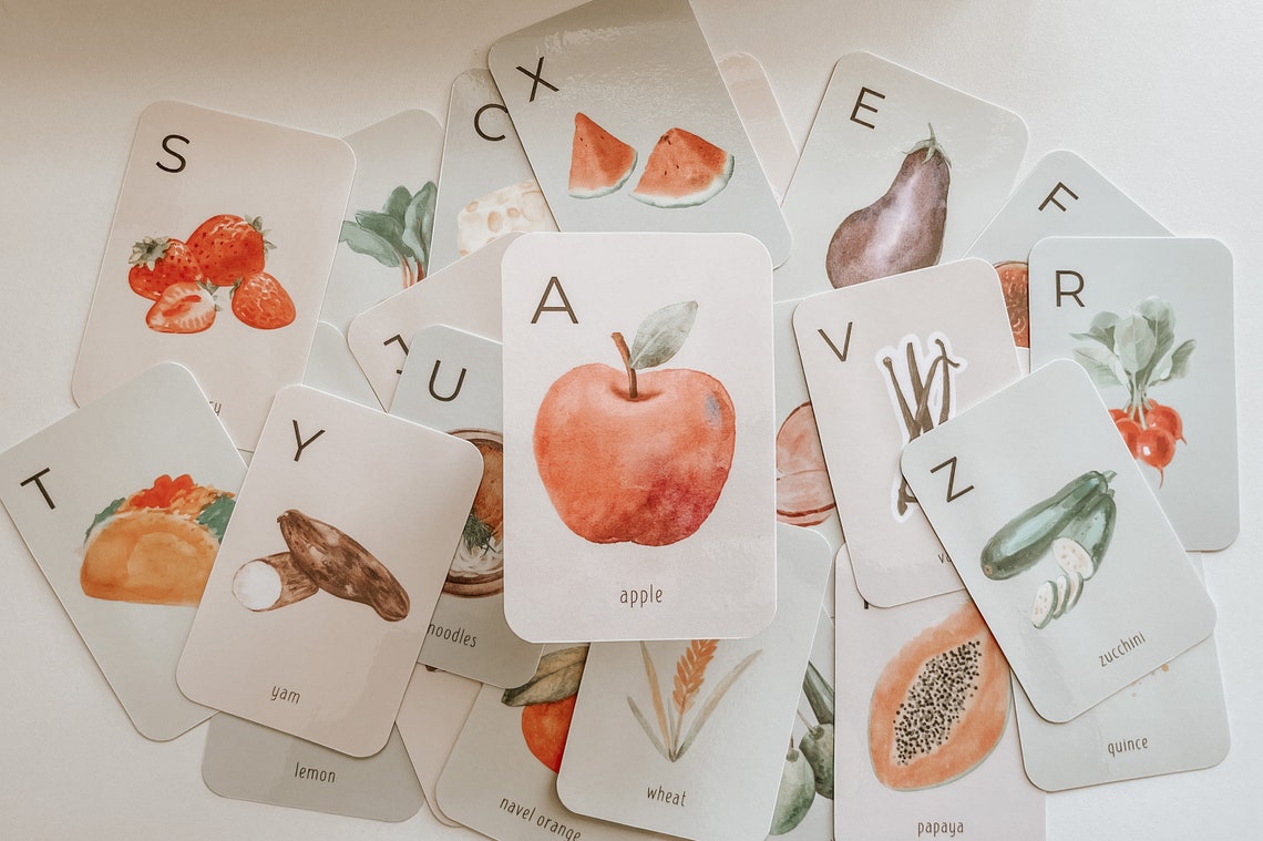 Watercolor ABC Food Flashcard Printable Montessori Material | Etsy
