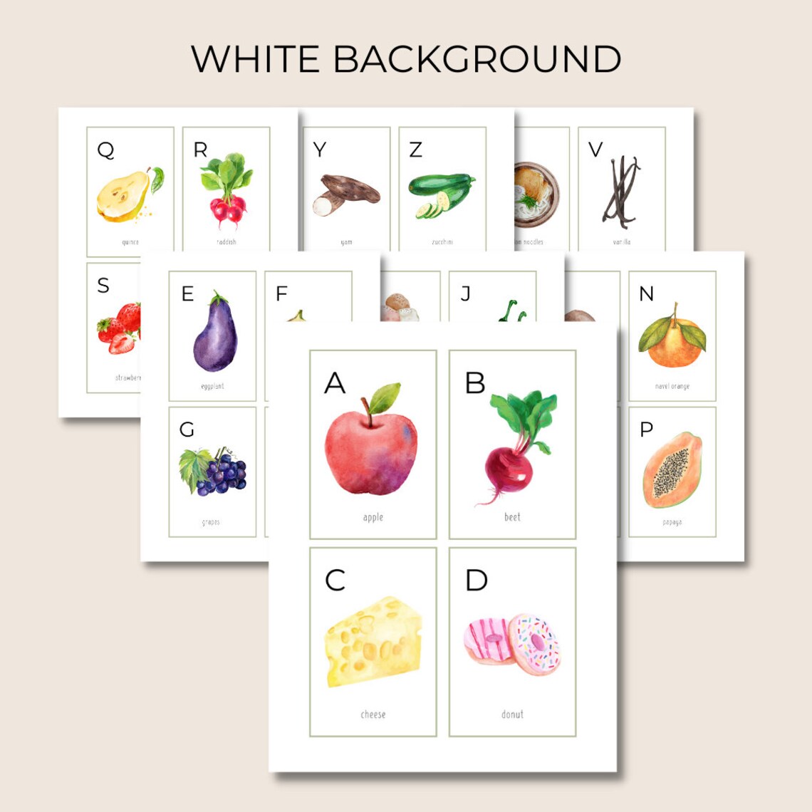 Watercolor ABC Food Flashcard Printable Montessori Material Toddler ...