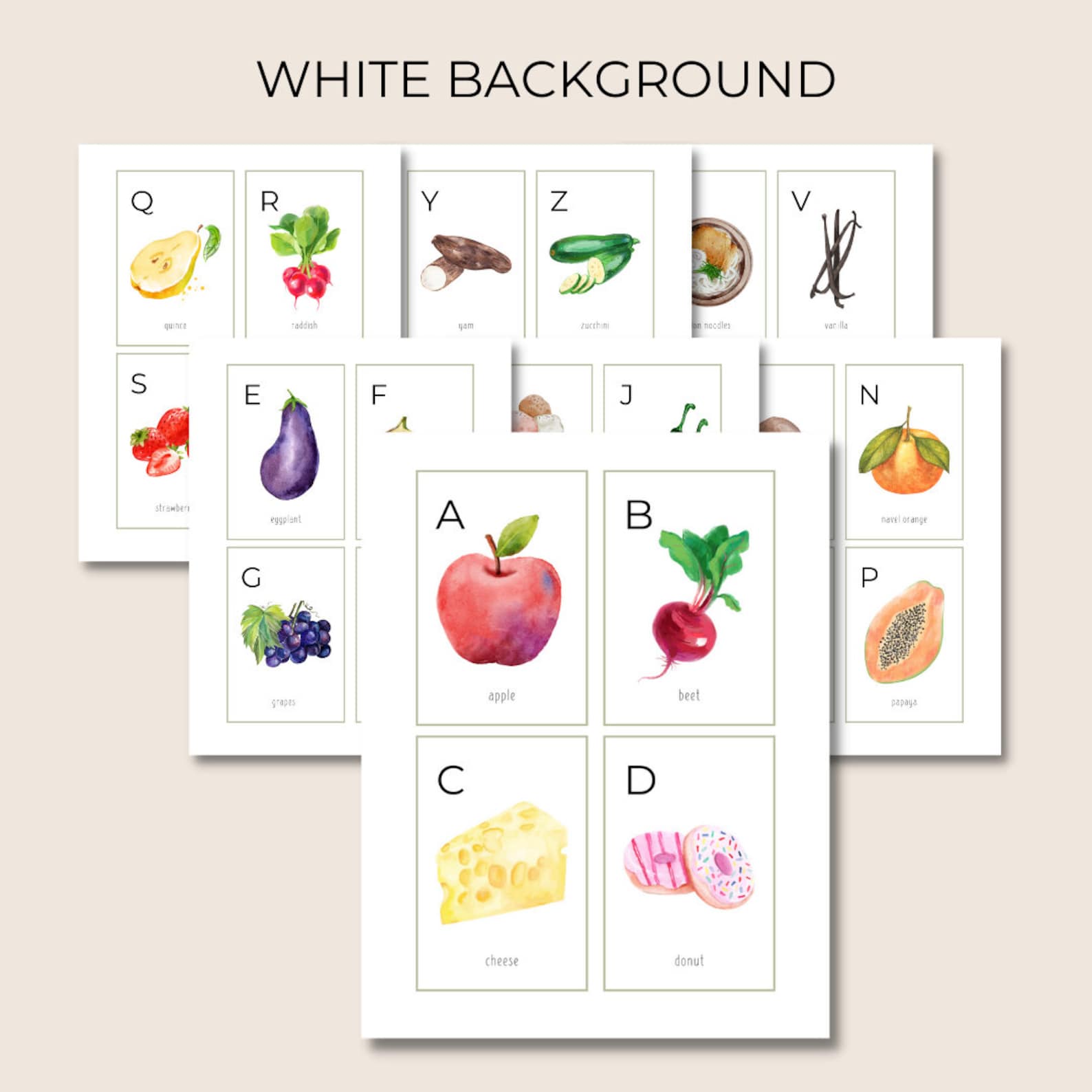 Watercolor ABC Food Flashcard Printable Montessori Material Toddler ...