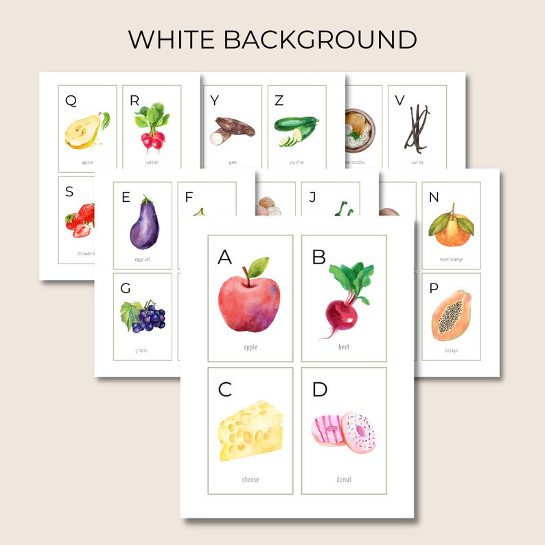 Watercolor ABC Food Flashcard Printable Montessori Material Toddler ...