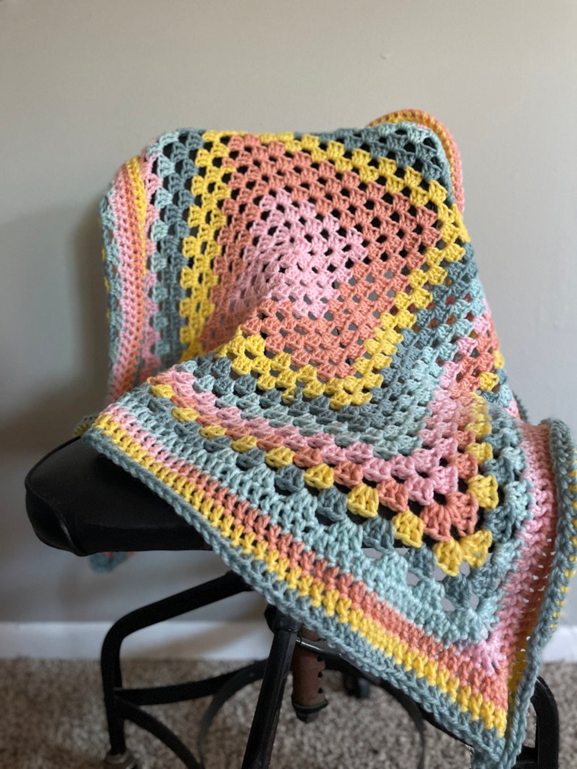 Pink Yellow and Blue Granny Square Blanket - Etsy