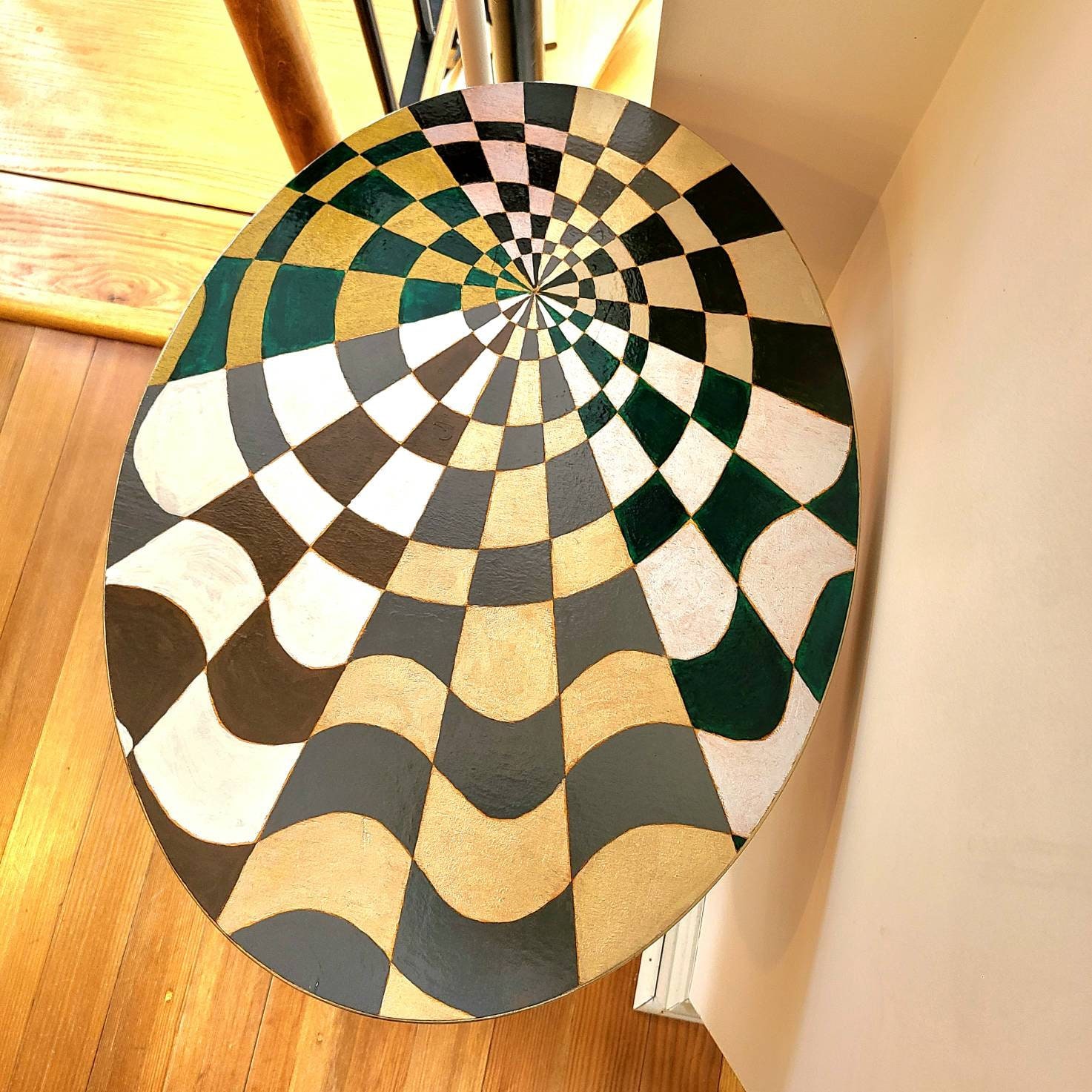 Vintage Oval Wooden Side Table Reimagined and Hand-painted in a Optical ...