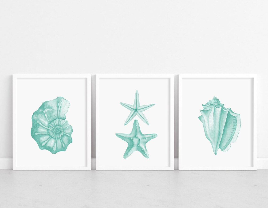 Aqua Green Sea Life Prints Set of 6. Watercolor Coastal - Etsy