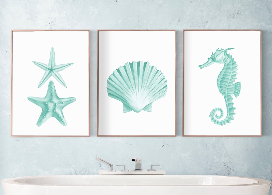 Aqua Green Sea Life Prints Set of 6. Watercolor Coastal - Etsy