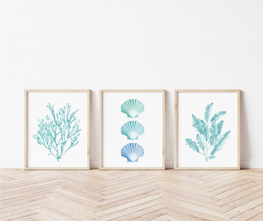Teal Shell Seaweeds Prints Set of 3. Coastal Wall Art. Turquoise Beach ...