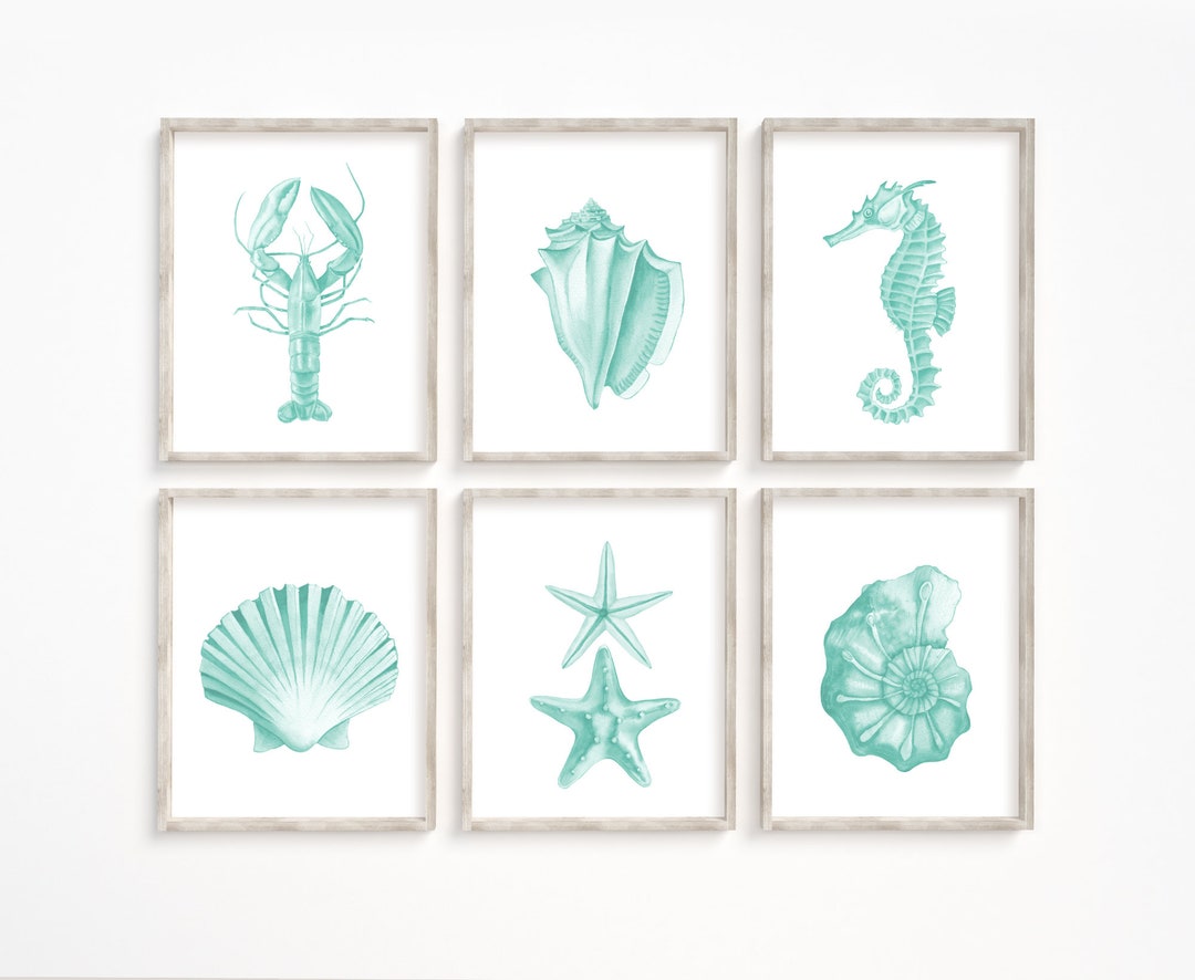 Aqua Green Sea Life Prints Set of 6. Watercolor Coastal - Etsy