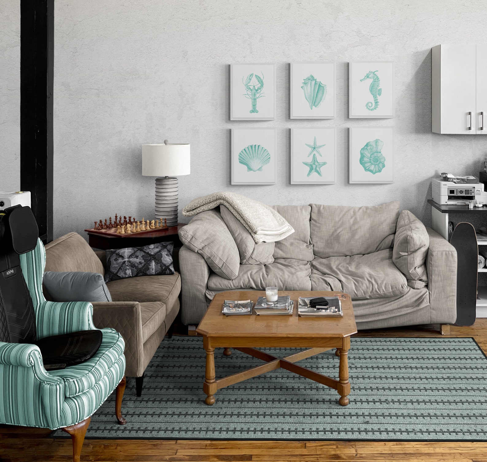 Aqua Green Sea Life Prints Set of 6. Watercolor Coastal - Etsy