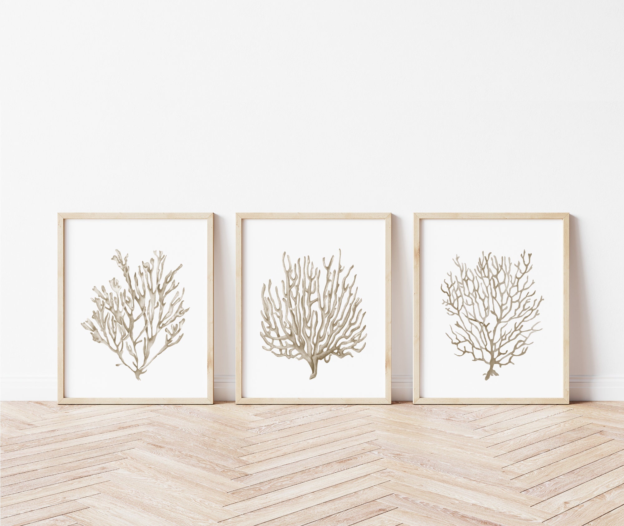 Sepia Corals Prints Set of 3. Beige Watercolor Sea Fan Printable Wall ...