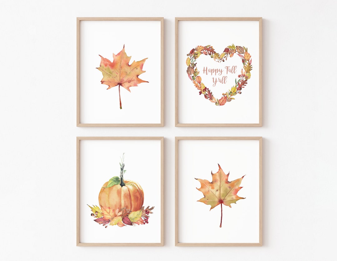 Fall Printable Wall Art Set of 4. Watercolor Fall Leaves and Pumpkin ...