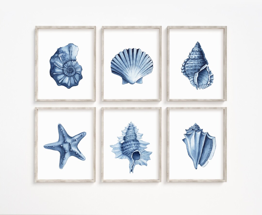 Sea Shells Art Prints Set of 6. Navy Blue Coastal Printable Wall Art ...