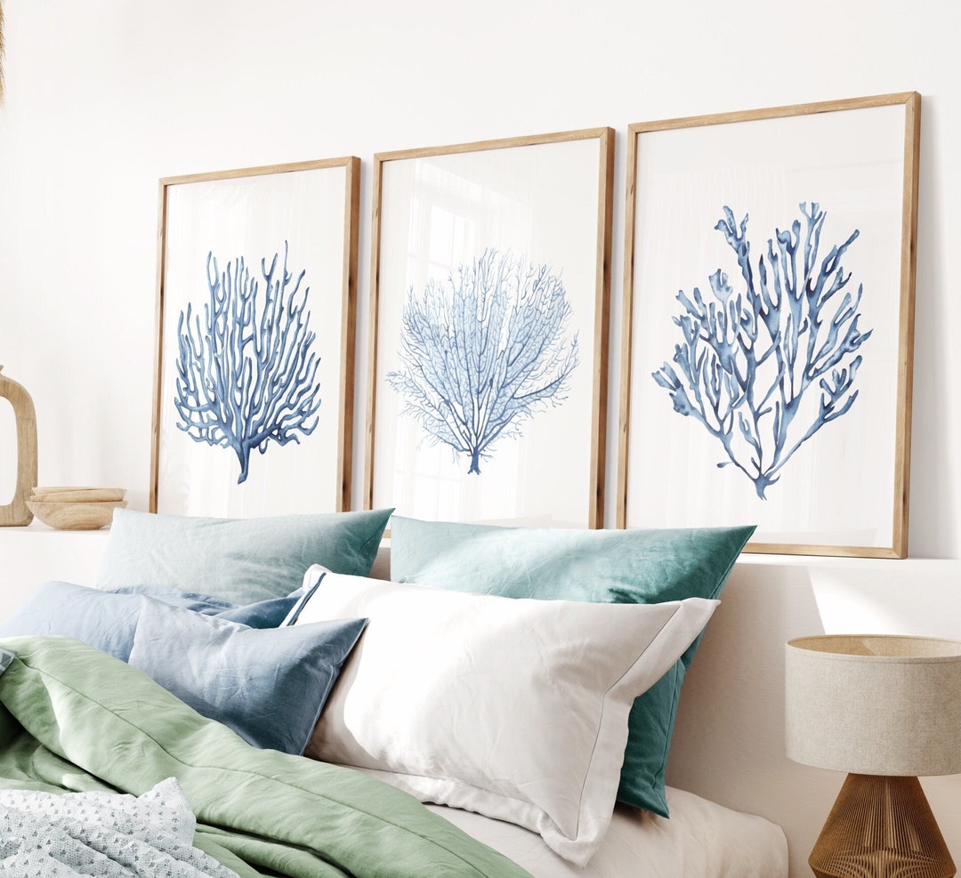 Blue Coral Prints Set of 3. Watercolor Seafans Printable Wall Art ...