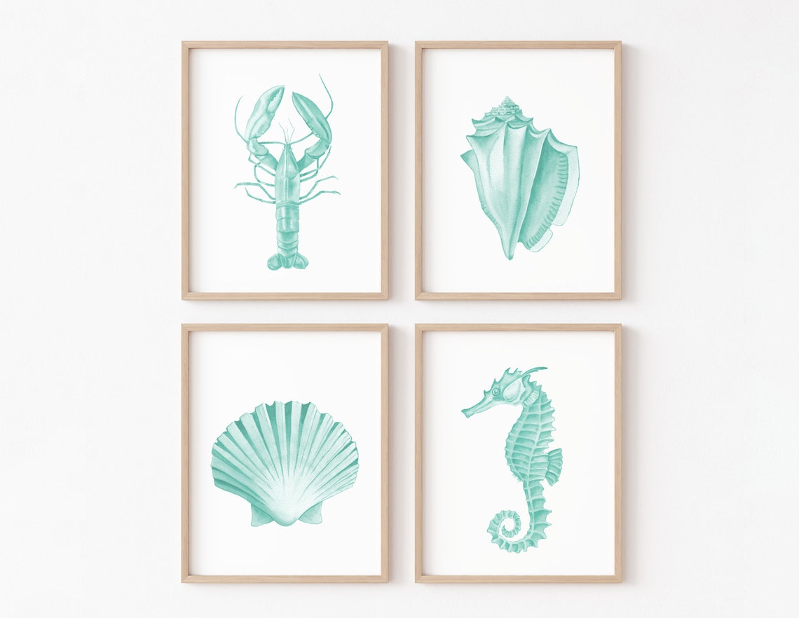 Aqua Green Sea Life Prints Set of 6. Watercolor Coastal - Etsy