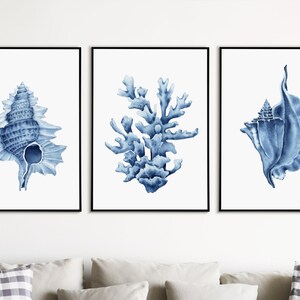 Blue Seashells Prints Set of 3. Coastal Printable Wall Art. Watercolor ...