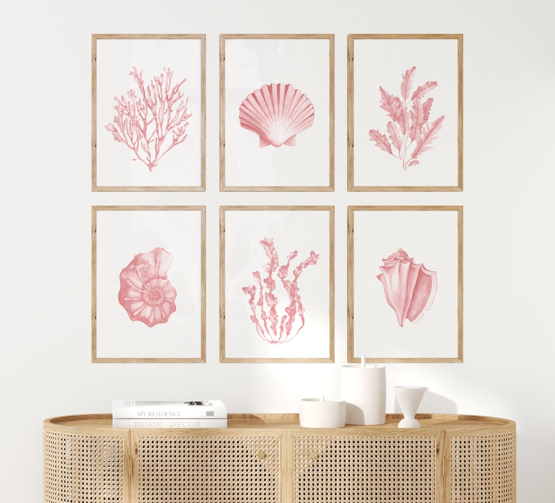 Pink Seashells Corals Prints Set of 6. Coastal Printable Wall Art ...