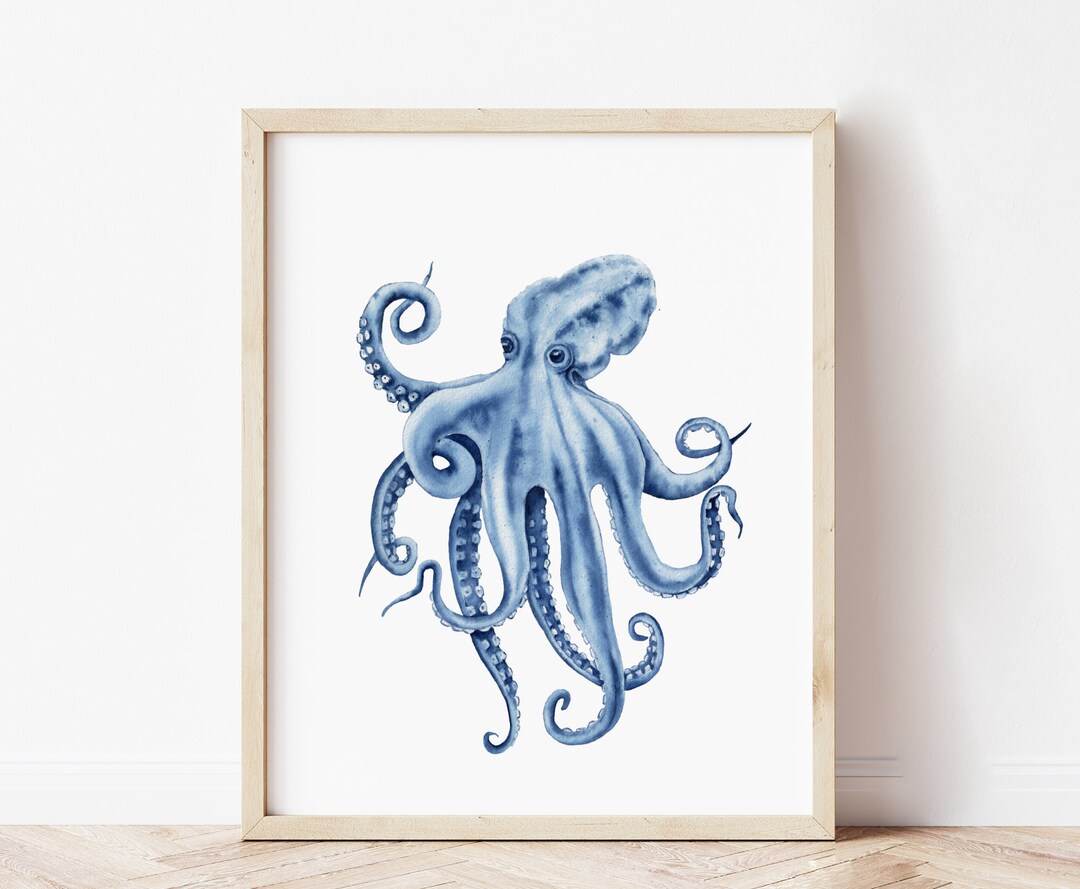 Blue Octopus Wall Art Print. Watercolor Sea Creature Poster. Coastal ...