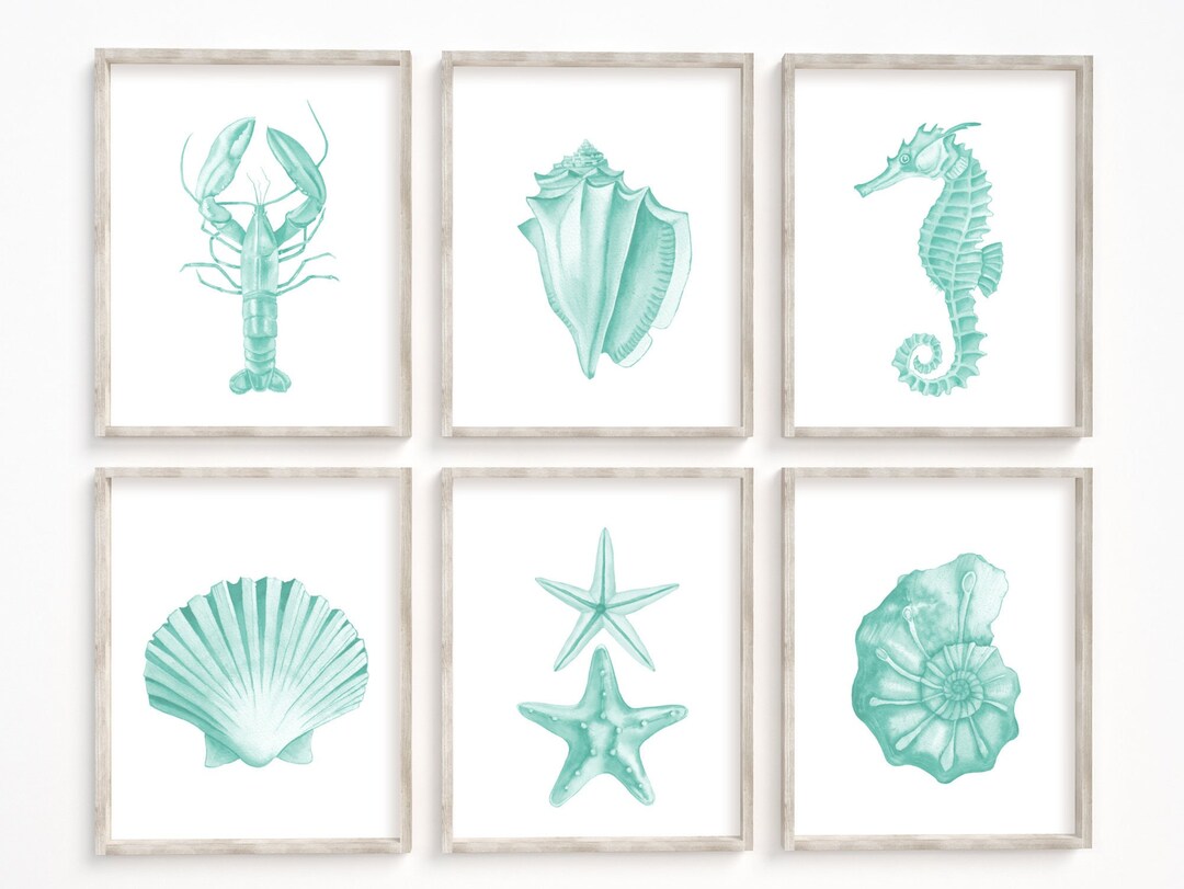 Aqua Green Sea Life Prints Set of 6. Watercolor Coastal - Etsy