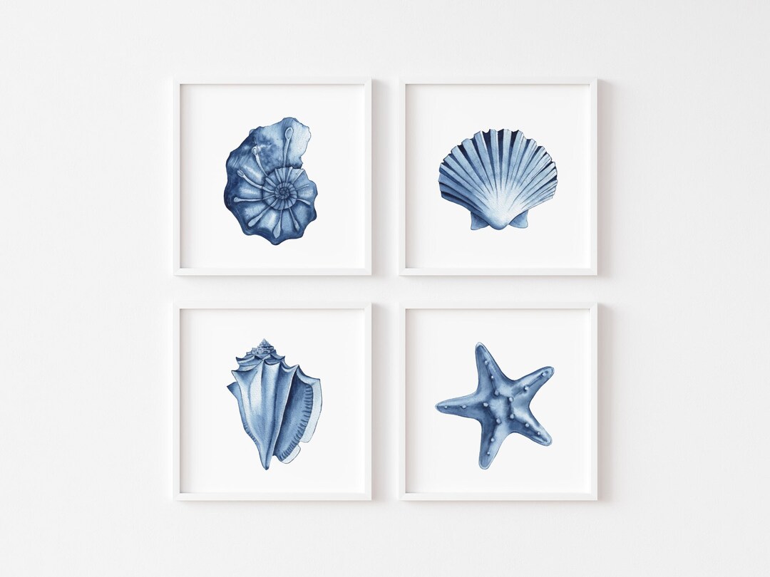 Blue Shells Prints Set of 4. Watercolor Seashells, Starfish Prints ...