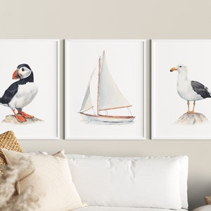Nautical Prints Set of 3. Sailboat, Seagull, Puffin Digital Prints ...